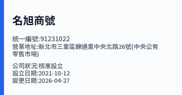 名旭商號的照片-統編 91231022(新北市) 公司登記資料與營業項目詳細圖表