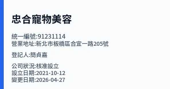忠合寵物美容的照片-統編 91231114(新北市) 公司登記資料與營業項目詳細圖表
