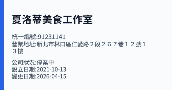 夏洛蒂美食工作室的照片-統編 91231141(新北市) 公司登記資料與營業項目詳細圖表