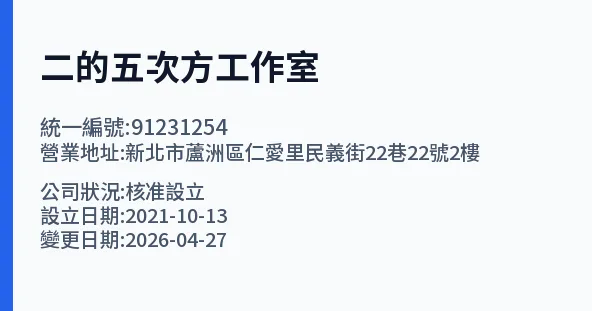 二的五次方工作室的照片-統編 91231254(新北市) 公司登記資料與營業項目詳細圖表