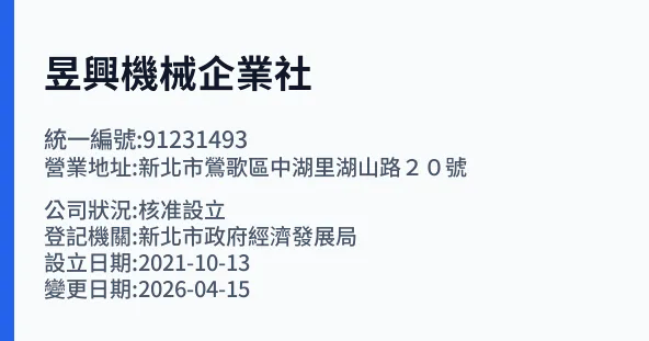 昱興機械企業社的照片-統編 91231493(新北市) 公司登記資料與營業項目詳細圖表