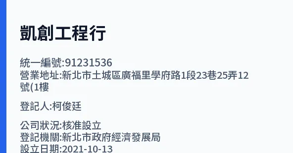 凱創工程行的照片-統編 91231536(新北市) 公司登記資料與營業項目詳細圖表