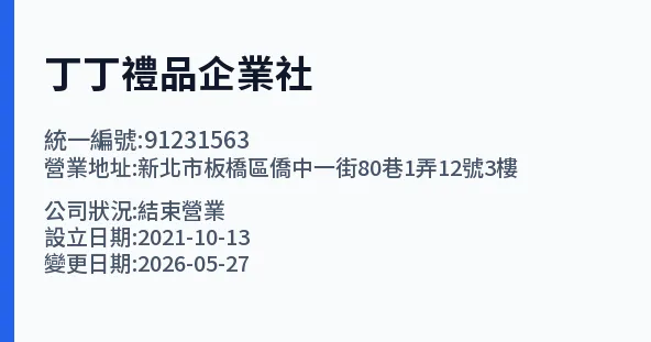 丁丁禮品企業社的照片-統編 91231563(新北市) 公司登記資料與營業項目詳細圖表