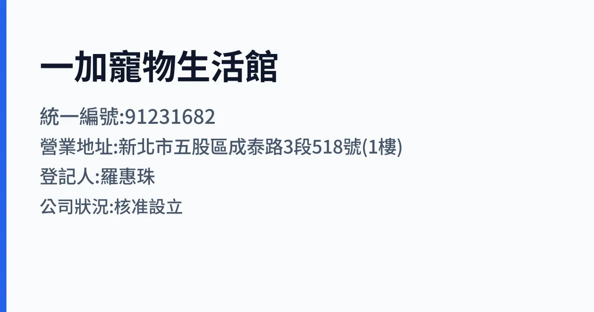 一加寵物生活館 - 統編 91231682(新北市) 公司登記資料與營業項目詳細圖表