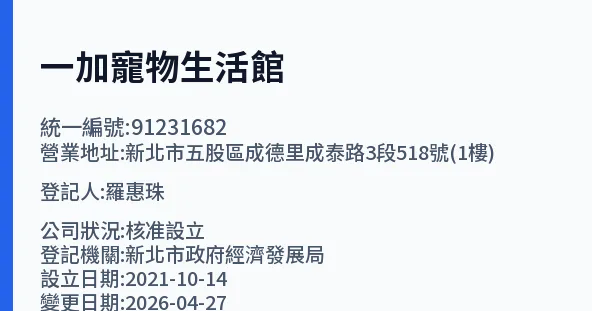 一加寵物生活館的照片-統編 91231682(新北市) 公司登記資料與營業項目詳細圖表