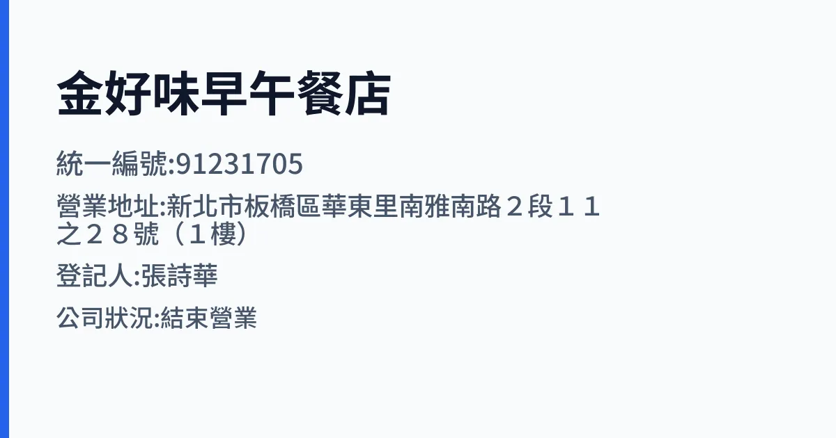 金好味早午餐店 - 統編 91231705(新北市) 公司登記資料與營業項目詳細圖表