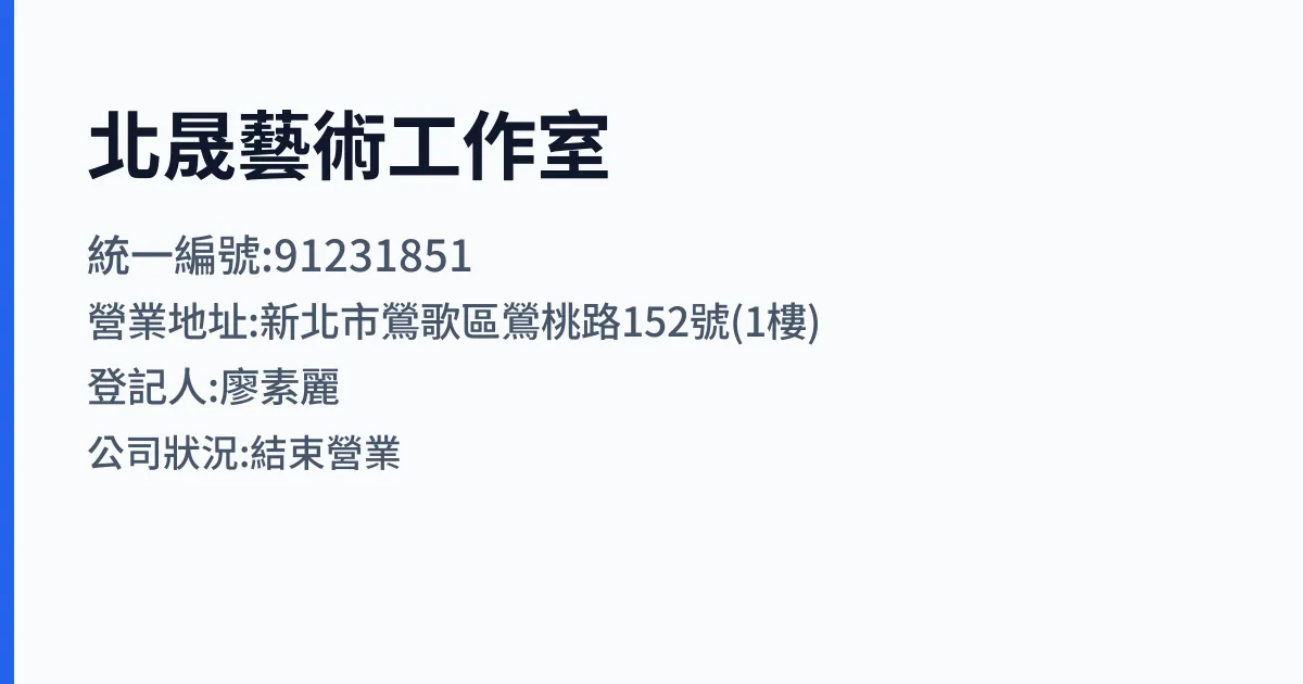 北晟藝術工作室 - 統編 91231851(新北市) 公司登記資料與營業項目詳細圖表