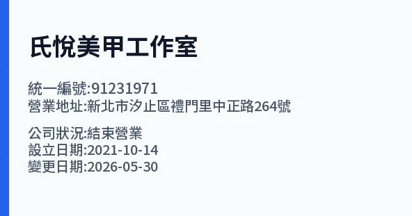氏悅美甲工作室的照片-統編 91231971(新北市) 公司登記資料與營業項目詳細圖表