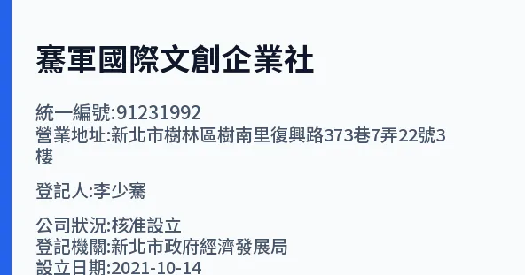 騫軍國際文創企業社的照片-統編 91231992(新北市) 公司登記資料與營業項目詳細圖表