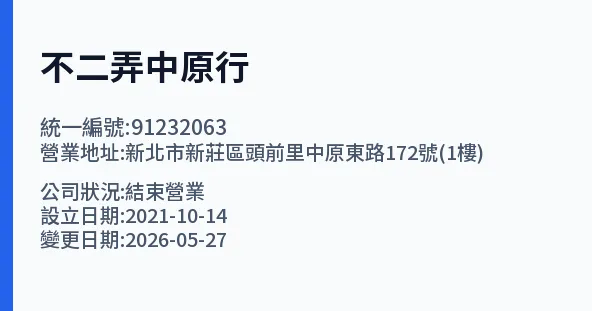 不二弄中原行的照片-統編 91232063(新北市) 公司登記資料與營業項目詳細圖表
