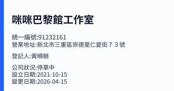 咪咪巴黎館工作室的照片-統編 91232161(新北市) 公司登記資料與營業項目詳細圖表