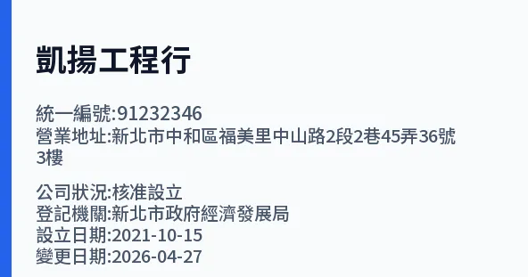 凱揚工程行的照片-統編 91232346(新北市) 公司登記資料與營業項目詳細圖表