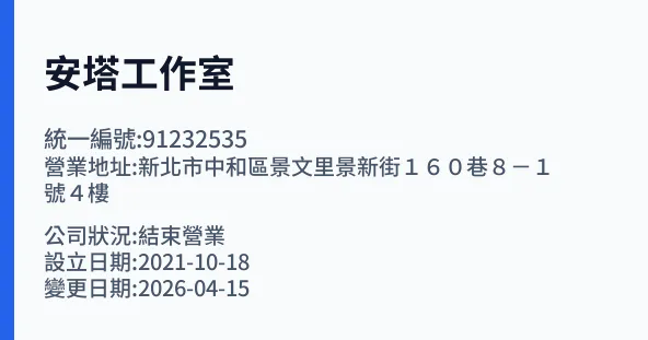 安塔工作室的照片-統編 91232535(新北市) 公司登記資料與營業項目詳細圖表