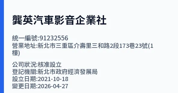龔英汽車影音企業社的照片-統編 91232556(新北市) 公司登記資料與營業項目詳細圖表