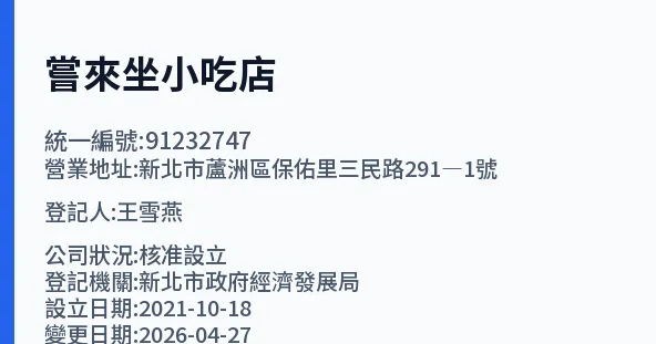 嘗來坐小吃店的照片-統編 91232747(新北市) 公司登記資料與營業項目詳細圖表