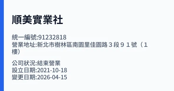 順美實業社的照片-統編 91232818(新北市) 公司登記資料與營業項目詳細圖表