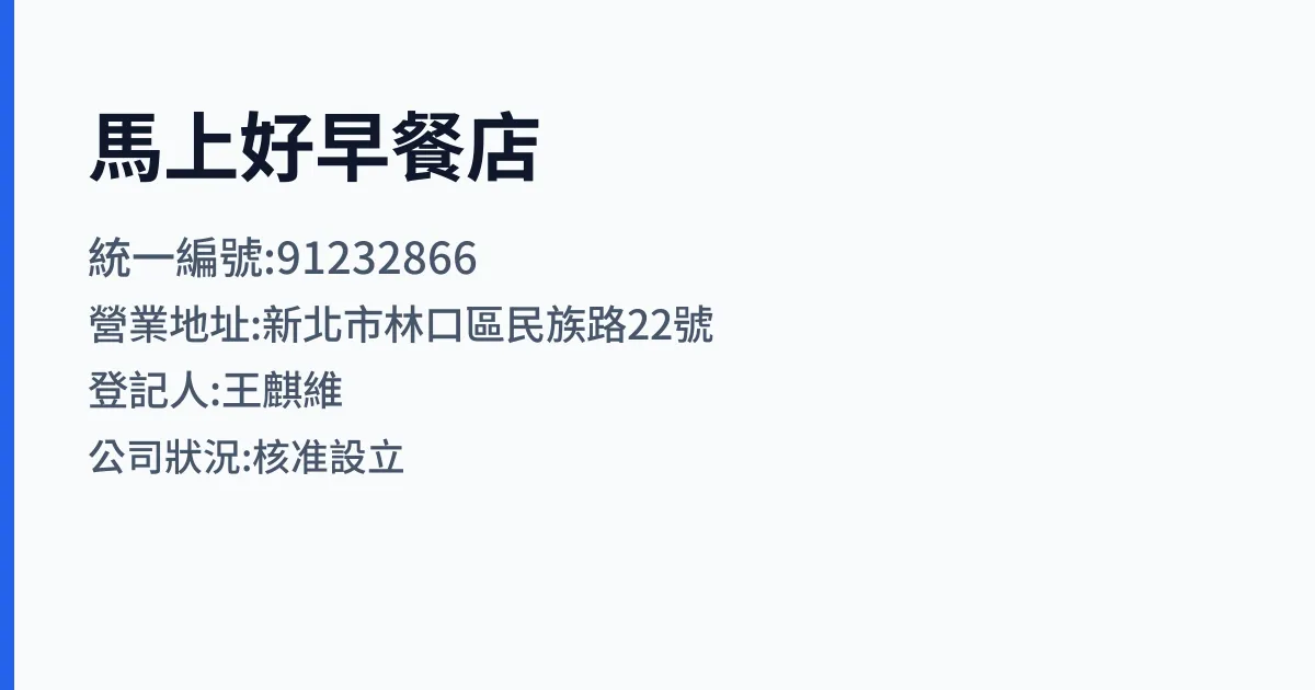 馬上好早餐店 - 統編 91232866(新北市) 公司登記資料與營業項目詳細圖表