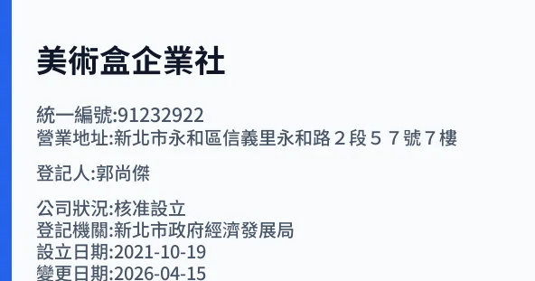 美術盒企業社的照片-統編 91232922(新北市) 公司登記資料與營業項目詳細圖表