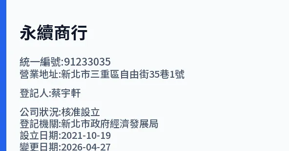 永續商行的照片-統編 91233035(新北市) 公司登記資料與營業項目詳細圖表