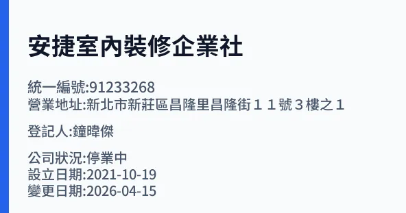 安捷室內裝修企業社的照片-統編 91233268(新北市) 公司登記資料與營業項目詳細圖表