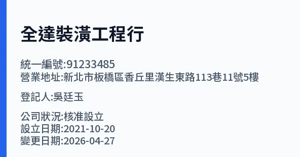 全達裝潢工程行的照片-統編 91233485(新北市) 公司登記資料與營業項目詳細圖表