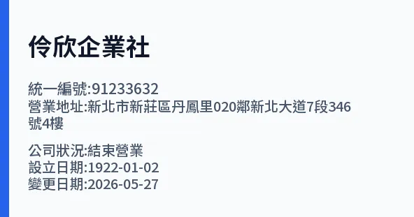 伶欣企業社的照片-統編 91233632(新北市) 公司登記資料與營業項目詳細圖表