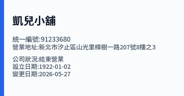 凱兒小舖的照片-統編 91233680(新北市) 公司登記資料與營業項目詳細圖表