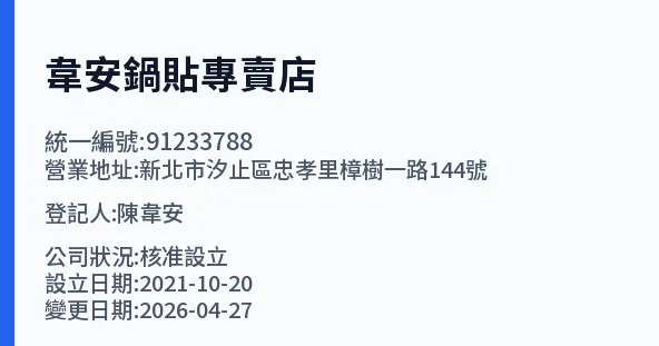 韋安鍋貼專賣店的照片-統編 91233788(新北市) 公司登記資料與營業項目詳細圖表