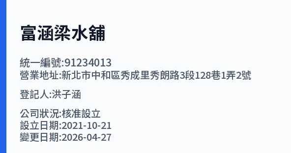 富涵梁水舖的照片-統編 91234013(新北市) 公司登記資料與營業項目詳細圖表