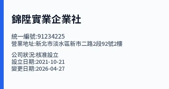 錦陞實業企業社的照片-統編 91234225(新北市) 公司登記資料與營業項目詳細圖表