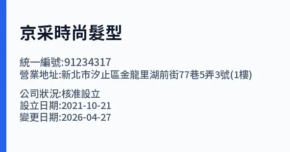 京采時尚髮型的照片-統編 91234317(新北市) 公司登記資料與營業項目詳細圖表