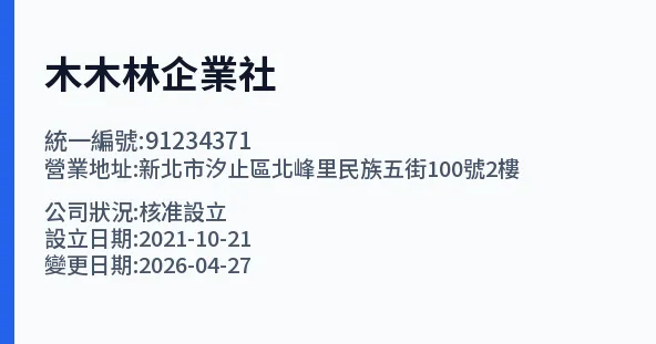 木木林企業社的照片-統編 91234371(新北市) 公司登記資料與營業項目詳細圖表