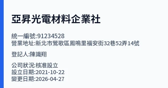 亞昇光電材料企業社的照片-統編 91234528(新北市) 公司登記資料與營業項目詳細圖表