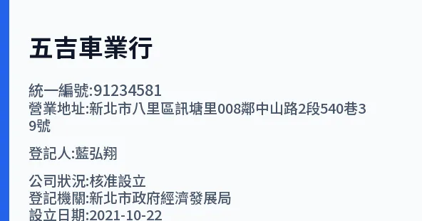 五吉車業行的照片-統編 91234581(新北市) 公司登記資料與營業項目詳細圖表