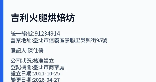 吉利火腿烘焙坊的照片-統編 91234914(臺北市) 公司登記資料與營業項目詳細圖表