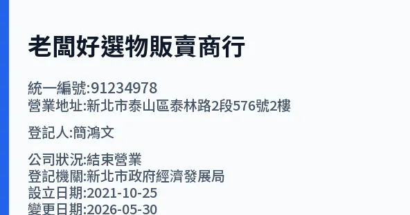 老闆好選物販賣商行的照片-統編 91234978(新北市) 公司登記資料與營業項目詳細圖表