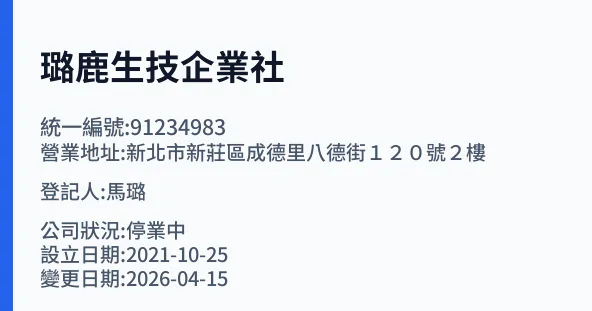 璐鹿生技企業社的照片-統編 91234983(新北市) 公司登記資料與營業項目詳細圖表
