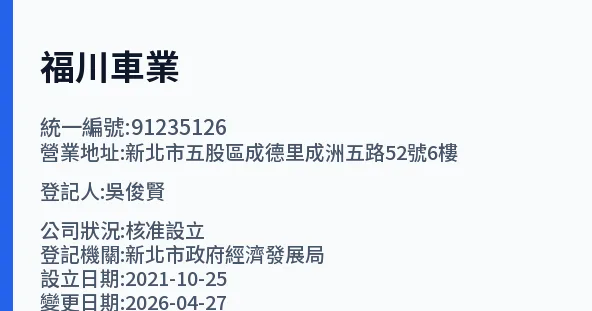 福川車業的照片-統編 91235126(新北市) 公司登記資料與營業項目詳細圖表