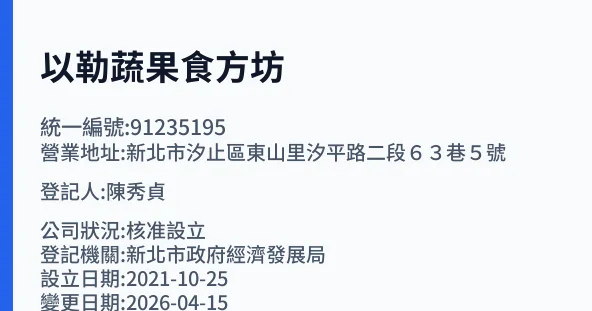 以勒蔬果食方坊的照片-統編 91235195(新北市) 公司登記資料與營業項目詳細圖表