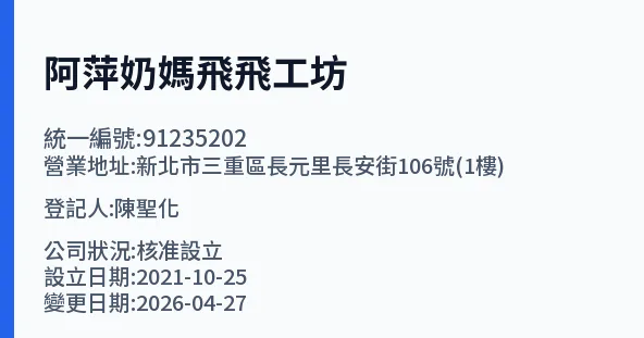 阿萍奶媽飛飛工坊的照片-統編 91235202(新北市) 公司登記資料與營業項目詳細圖表