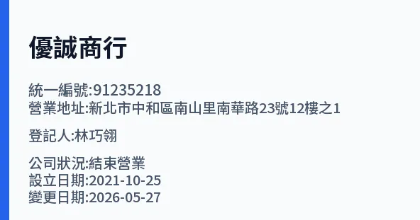 優誠商行的照片-統編 91235218(新北市) 公司登記資料與營業項目詳細圖表