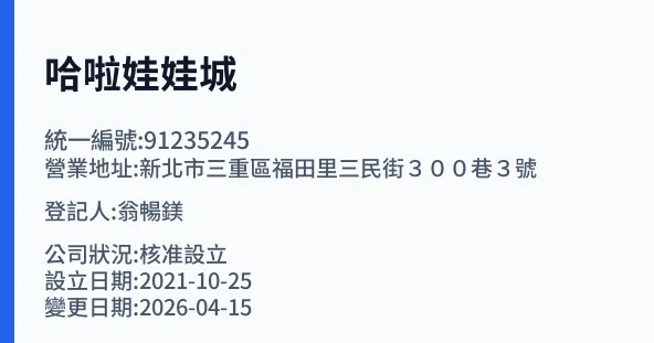 哈啦娃娃城的照片-統編 91235245(新北市) 公司登記資料與營業項目詳細圖表
