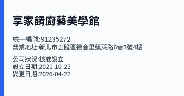享家餚廚藝美學館的照片-統編 91235272(新北市) 公司登記資料與營業項目詳細圖表