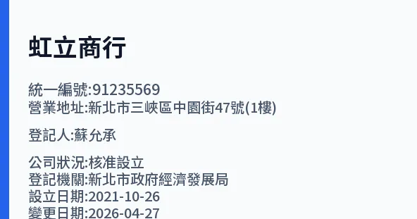 虹立商行的照片-統編 91235569(新北市) 公司登記資料與營業項目詳細圖表