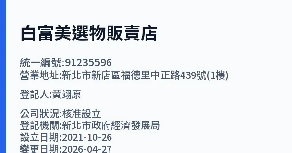 白富美選物販賣店的照片-統編 91235596(新北市) 公司登記資料與營業項目詳細圖表