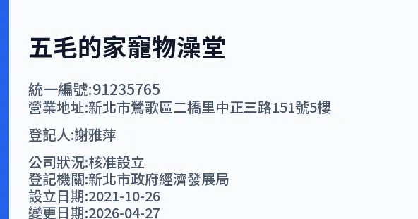 五毛的家寵物澡堂的照片-統編 91235765(新北市) 公司登記資料與營業項目詳細圖表