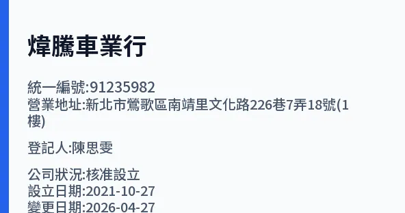 煒騰車業行的照片-統編 91235982(新北市) 公司登記資料與營業項目詳細圖表