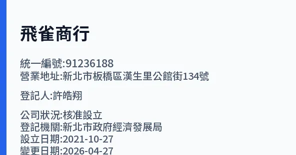 飛雀商行的照片-統編 91236188(新北市) 公司登記資料與營業項目詳細圖表