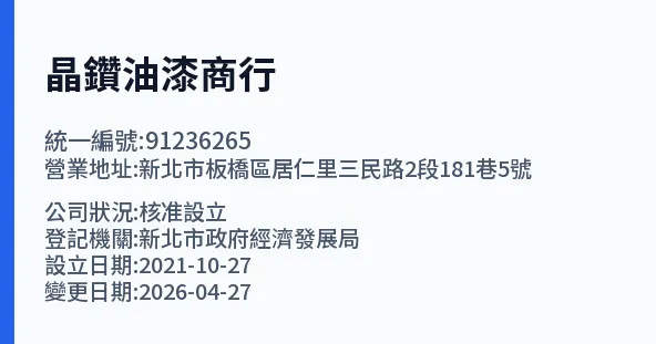 晶鑽油漆商行的照片-統編 91236265(新北市) 公司登記資料與營業項目詳細圖表