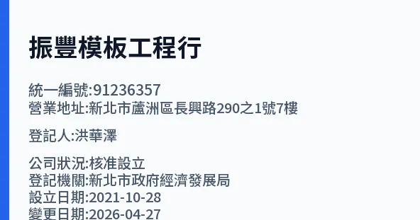振豐模板工程行的照片-統編 91236357(新北市) 公司登記資料與營業項目詳細圖表